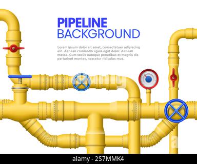Industrial gas pipe banner. Yellow pipeline, oil pipes and pipelines ...