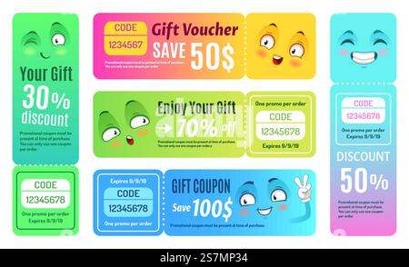 Smiling promo voucher. Happy gift coupon, funny deal vouchers and gifts ...