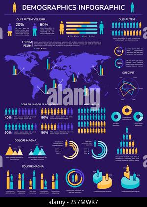 Demographics infographic. World map population statistic with data ...