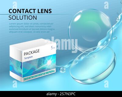 Ads template with realistic contact lens, water splash and medicine ...