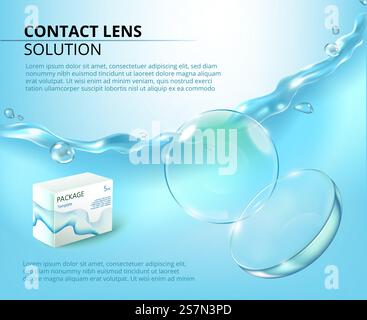 Ads template with realistic contact lens, water splash and medicine ...