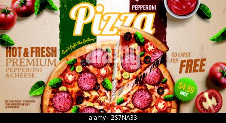 Pepperoni pizza banner ads on kraft paper background with tomatoes and ...