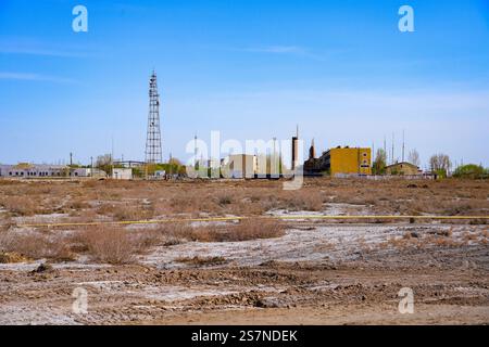 Moynaq skyline (Muynak), a former fishing village located on what used ...