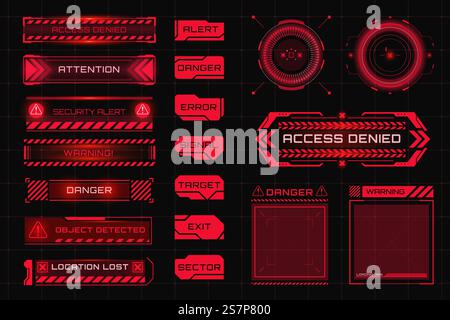 Red HUD danger warning and alert attention frames, vector interface ...