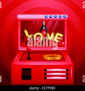 hearts with claw machine crane drawing on red background Stock Vector ...