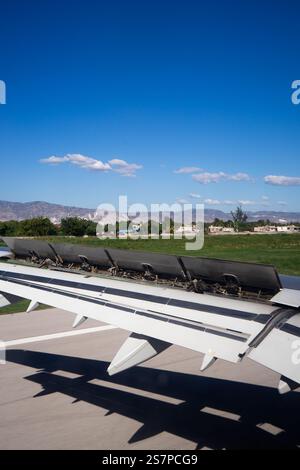 aircraft wing spoiler deployed during landing showing hydraulics Stock ...