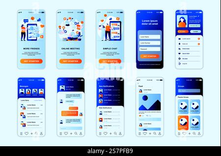 Social network concept screens set for mobile app template. People chat ...