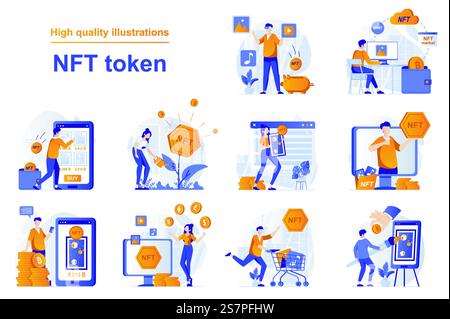 NFT token concept with people scene in flat cartoon design. Woman ...