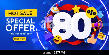 80 percent Off. Discount creative composition. Summer sale banner with ...