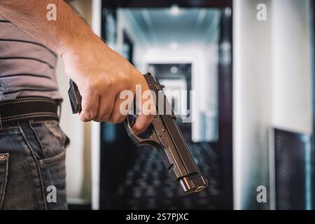 bank robbery. an armed criminal with a dhrt pistol enters the premises ...