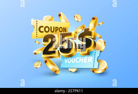 25 dollar coupon gift voucher, cash back banner special offer. Vector ...