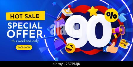 90 percent Off. Discount creative composition. 3d sale symbol with ...