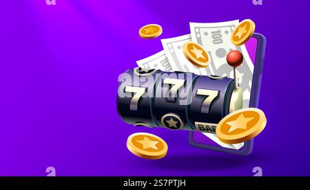 Casino slots machine winner, online games phone, 777 win banner. Vector ...
