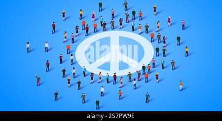 Large group of people stand around a step pyramid. Vector illustration ...