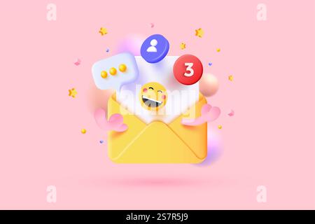 Yellow mail envelope with floating red marker, message box, emoticon ...