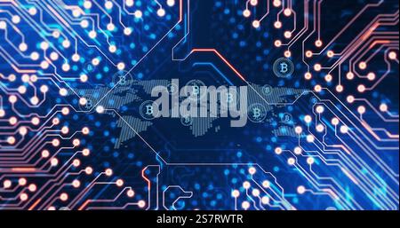 Image of connections and bitcoins over world map on blue background ...