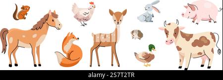 Farm and forest animal characters. Farmed animals, cow horse and pig ...