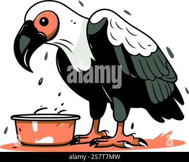 Vector illustration of a vulture eating food from an empty bowl Stock ...