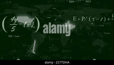 Mathematical equations and chemical formulas image over black ...
