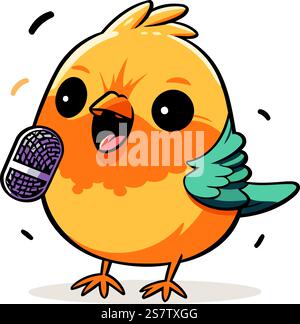 Cute cartoon bird singing karaoke with microphone vector illustration ...