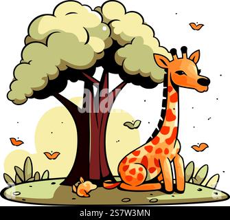 Cute giraffe sitting under a tree. Vector illustration in cartoon style ...