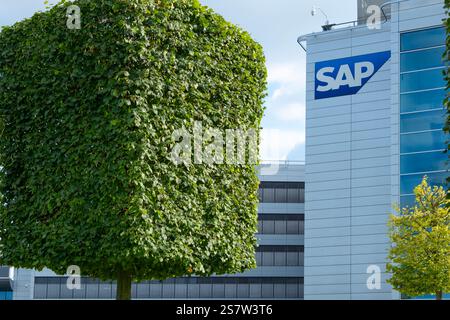 SAP SE logo prominently displayed on modern corporate headquarters ...