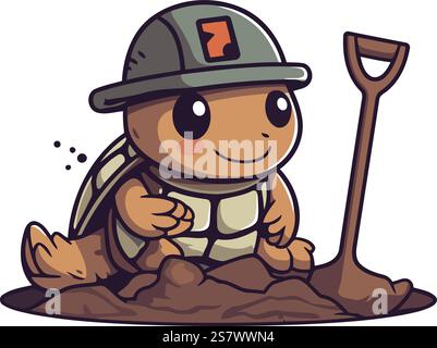 Cute cartoon turtle digging a hole. Vector illustration isolated on ...