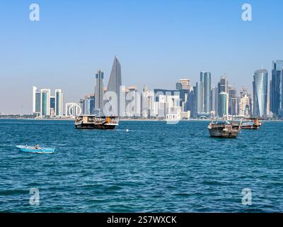 Buildings on the waterfront in Doha, Qatar, including the Tornado Tower ...