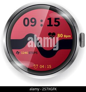 A bold and dynamic circular smartwatch face featuring a red theme with ...