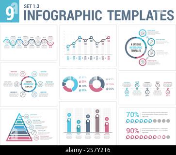 9 infographic templates - timelines, bar and line charts, pyramid, pie ...