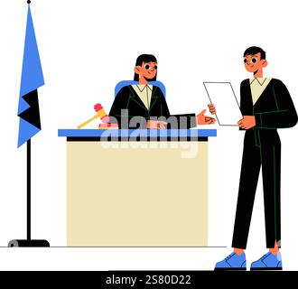 Judge At Desk In Courtroom In Flat Vector Illustration Symbolizing Law ...