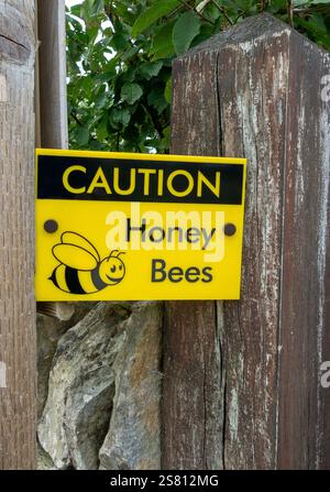Bright yellow caution sign warning of an uneven surface on a wooden ...