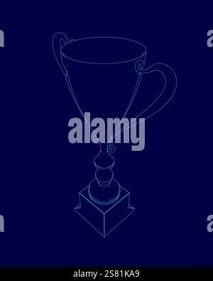 Blue drawing of a cup with a blue background. The cup is shown in a 3D ...