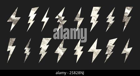 Silver lightning bolt icons collection. Gold foil texture. Flash symbol ...