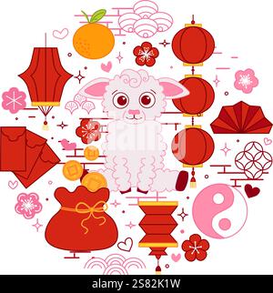 New Year of the Goat 2027 card with horse and snake. Cute cartoon ...