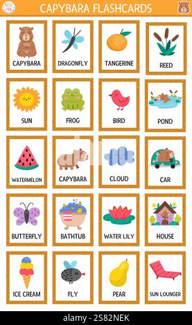 Vector capybara flash cards set with dragonfly, tangerine, frog, sun ...