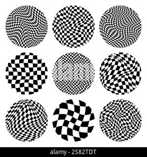 Trendy round checkered pattern, distorted tiled grid. Wavy curved ...