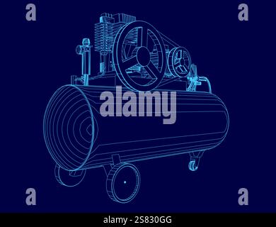 Blue drawing of a compressor. The compressor is blue. The compressor is ...