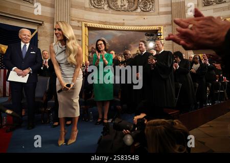 President Donald Trump reacts to the music as he walks off stage after ...