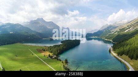 Aerial view over Lake Sils in Engadin - Switzerland from above - aerial ...