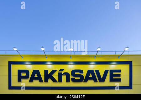 Pak'nSave supermarket exterior in New Zealand with its iconic yellow ...