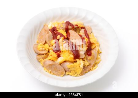 Fried fish meat sausage and eggs in a plate on white background Stock ...