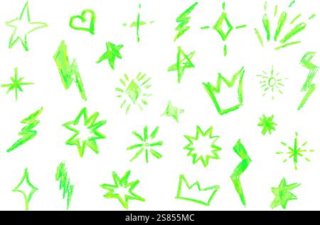 Crayon firecracker stars heart and crown in black color. BW collection ...