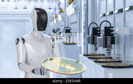 Semiconductor manufacturing with 3d rendering assistant robot hold silicon wafers Stock Photo ...