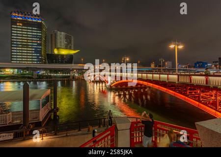 View of Azuma Bridge and Sumida River at night, Asakusa, Taito City ...