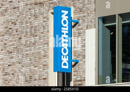 Decathlon store front logo. Decathlon is the largest sporting goods ...