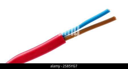Red stripped electrical wire on white background Stock Photo - Alamy