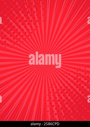 Vibrant red comic book radial lines radiate from the center, featuring ...