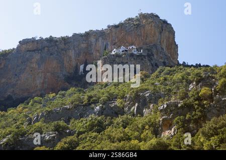 Elona Monastery in the mountainous landscape of Arcadia, Peloponnese ...