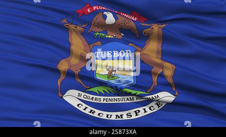 Detail of Michigan state flag waving. Dark blue flag with state coat of ...